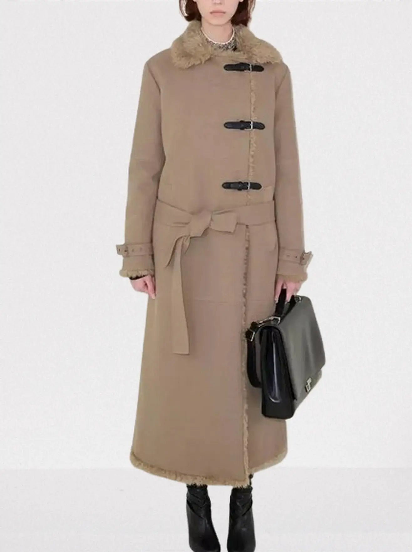 Long Faux Shearling Buckle Coat Women Khaki Winter – Branna Couture