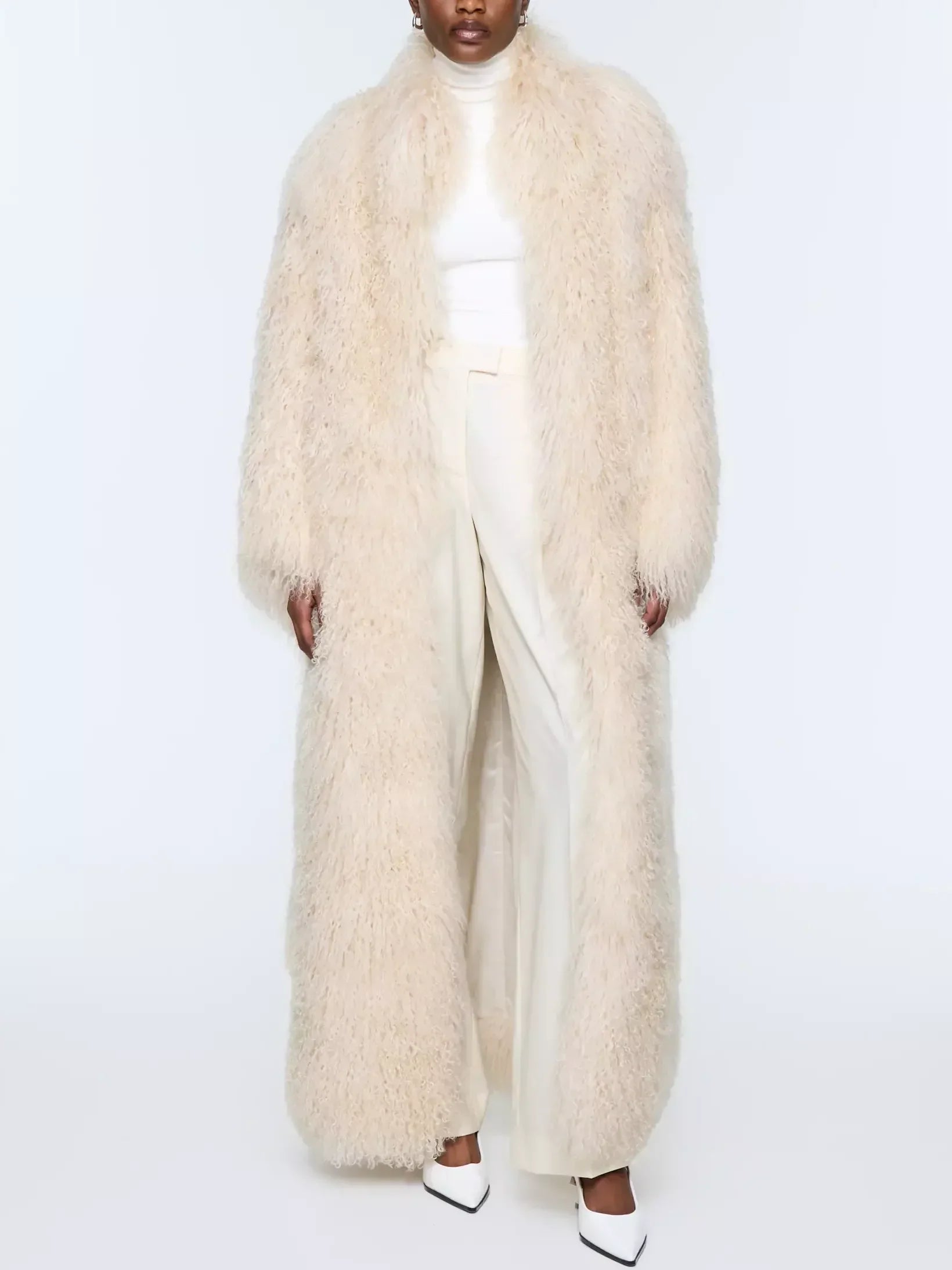 Long Cream Mongolian Shearling Coat Luxury Outerwear